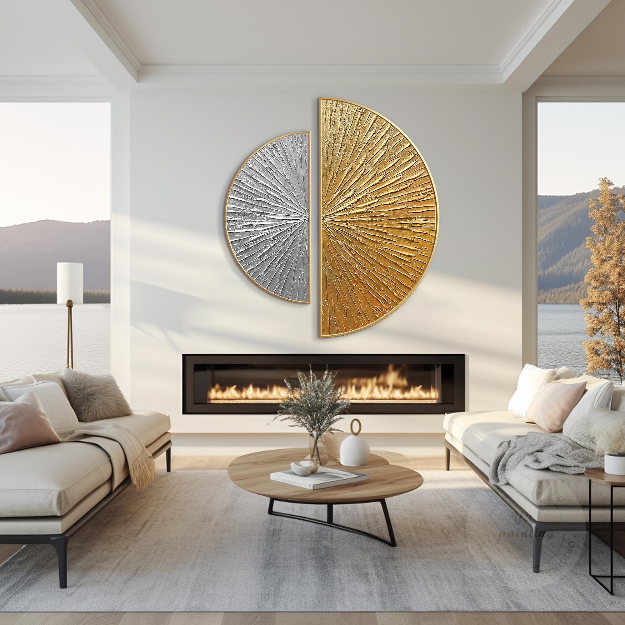 Gold Silver Textured 2 Pieces Semicircle Painting,round Painting,luxury ...