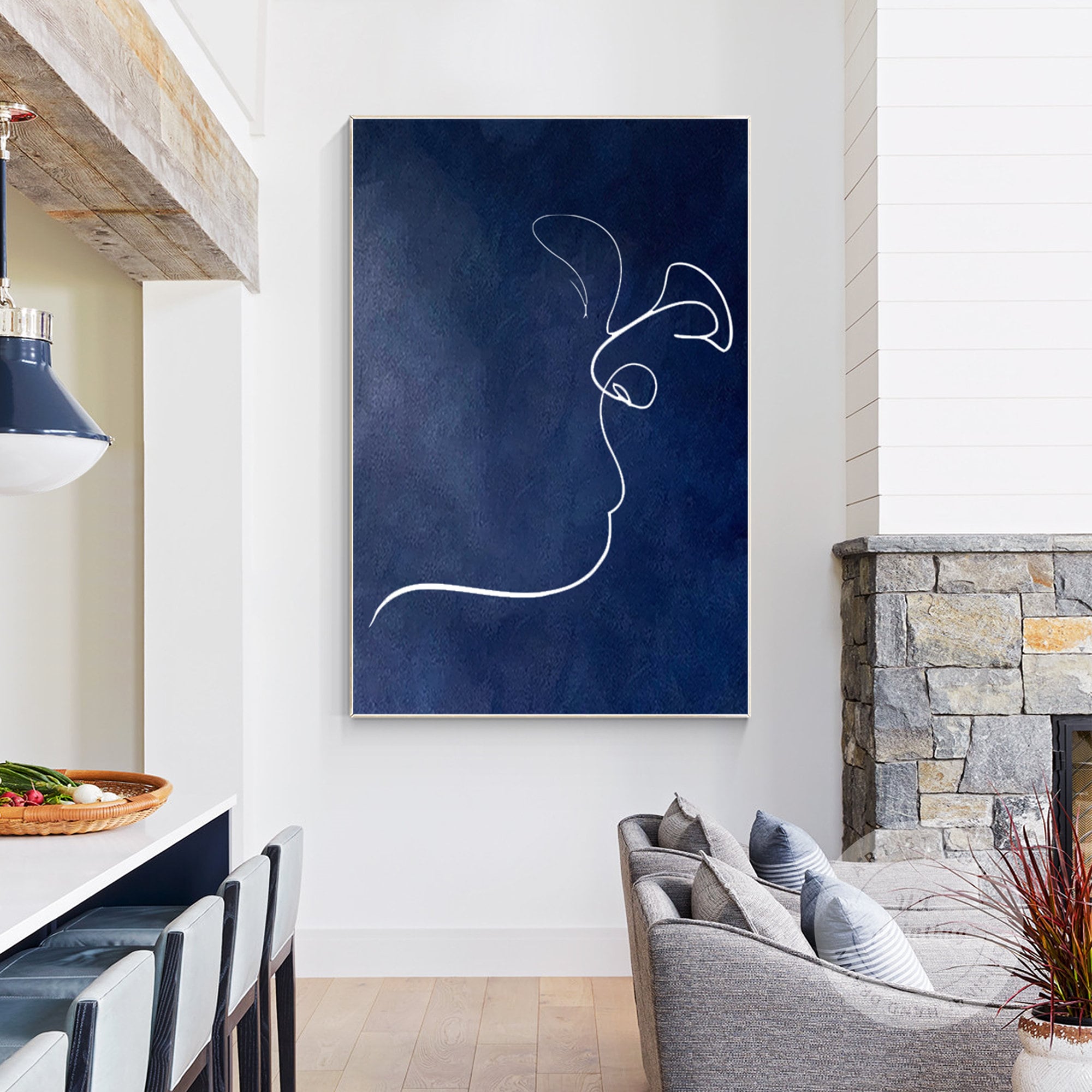 Navy Blue Kiss Line Drawing Original Painting on Canvas Extra - Etsy