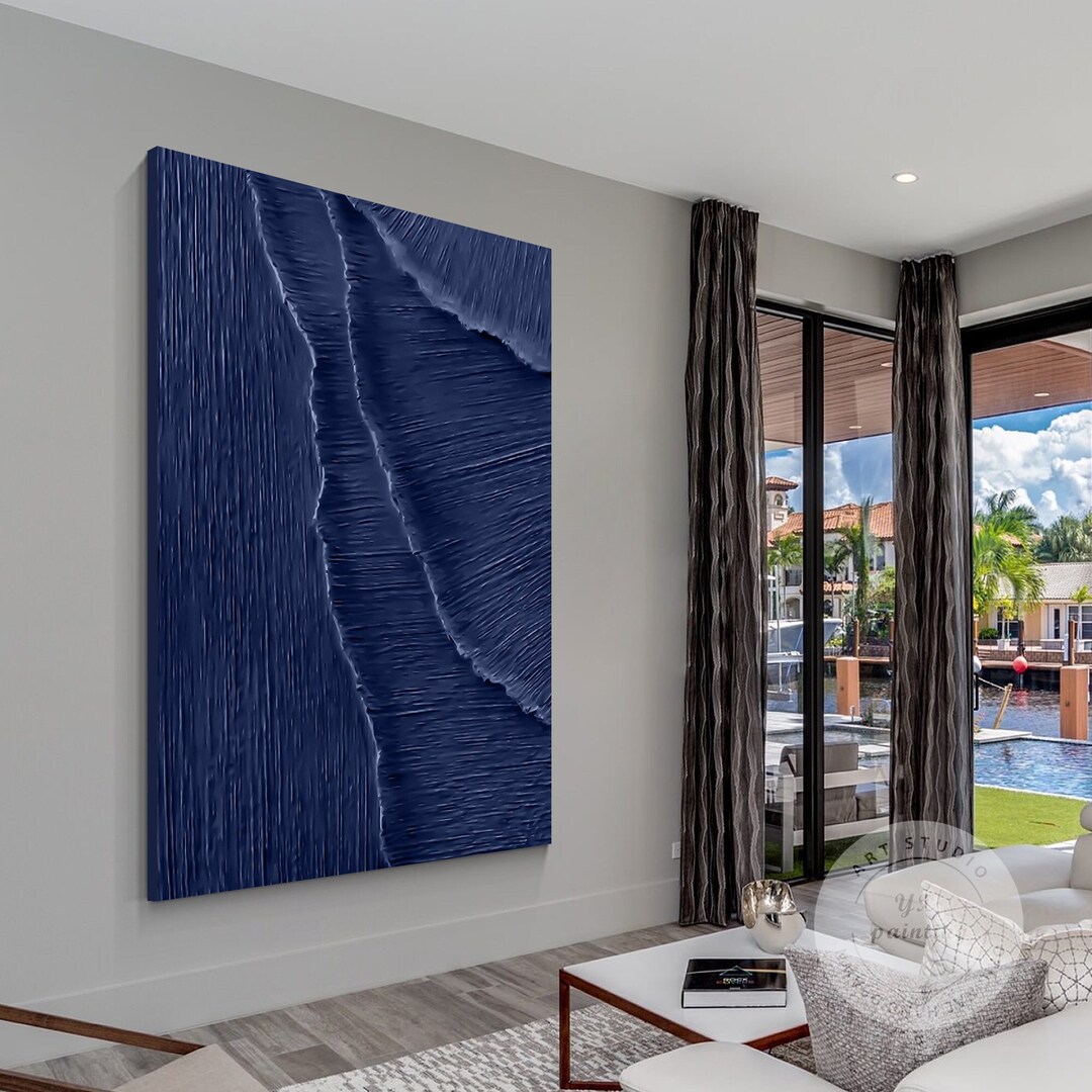 Navy Blue Heavy 3D Texture Ocean Wave Painting on Canvas, Extra Large ...