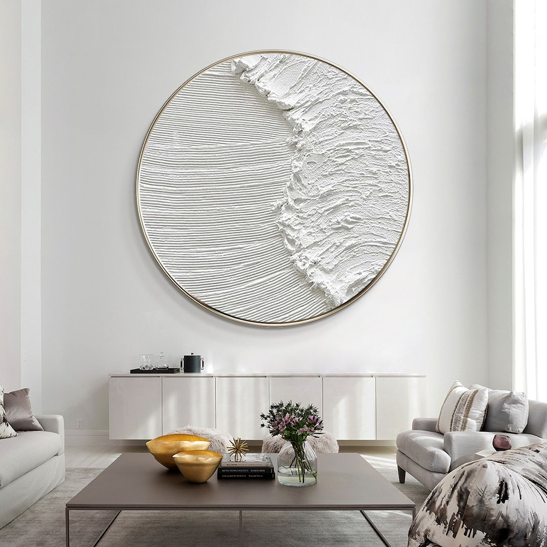 White Minimalist 3D Thick Texture Round Wall Art Framed, Ocean Waves ...