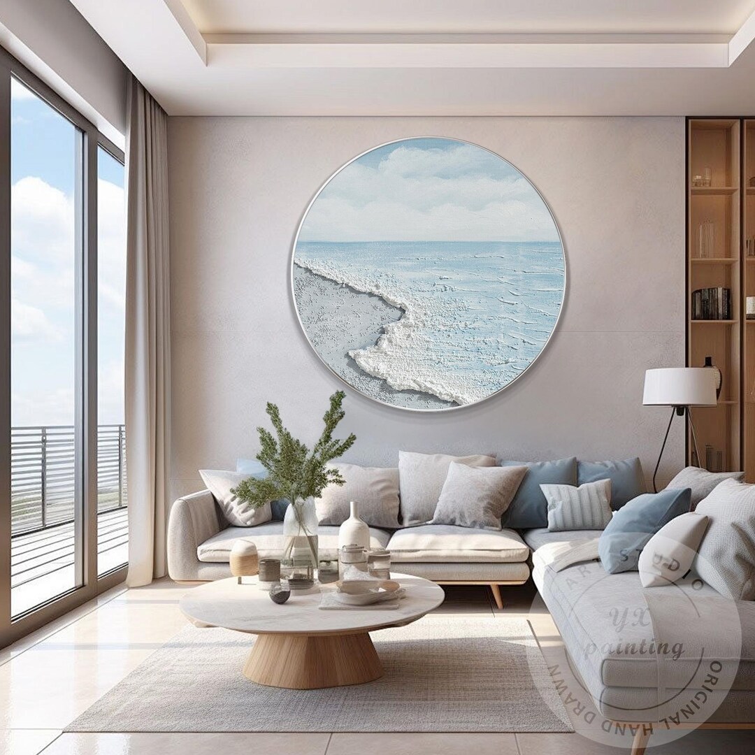 Original Round Acrylic & Plaster Seascape, Textured Ocean Wave Canvas ...