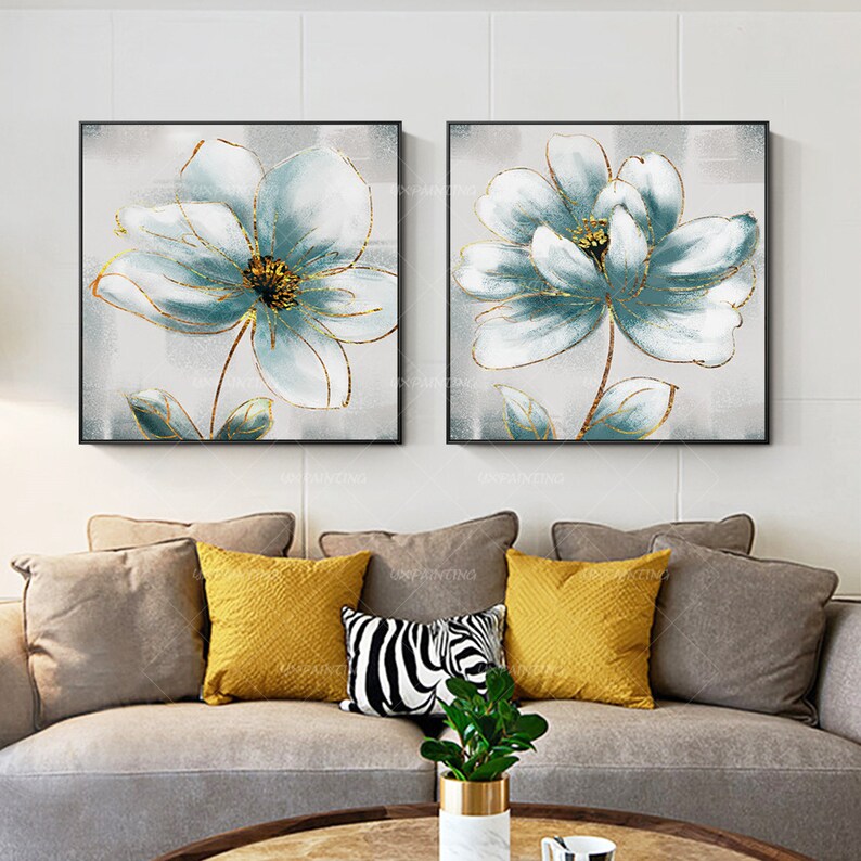 Frame Painting Abstract Floral Original Gold Line Blue Acrylic Painting ...