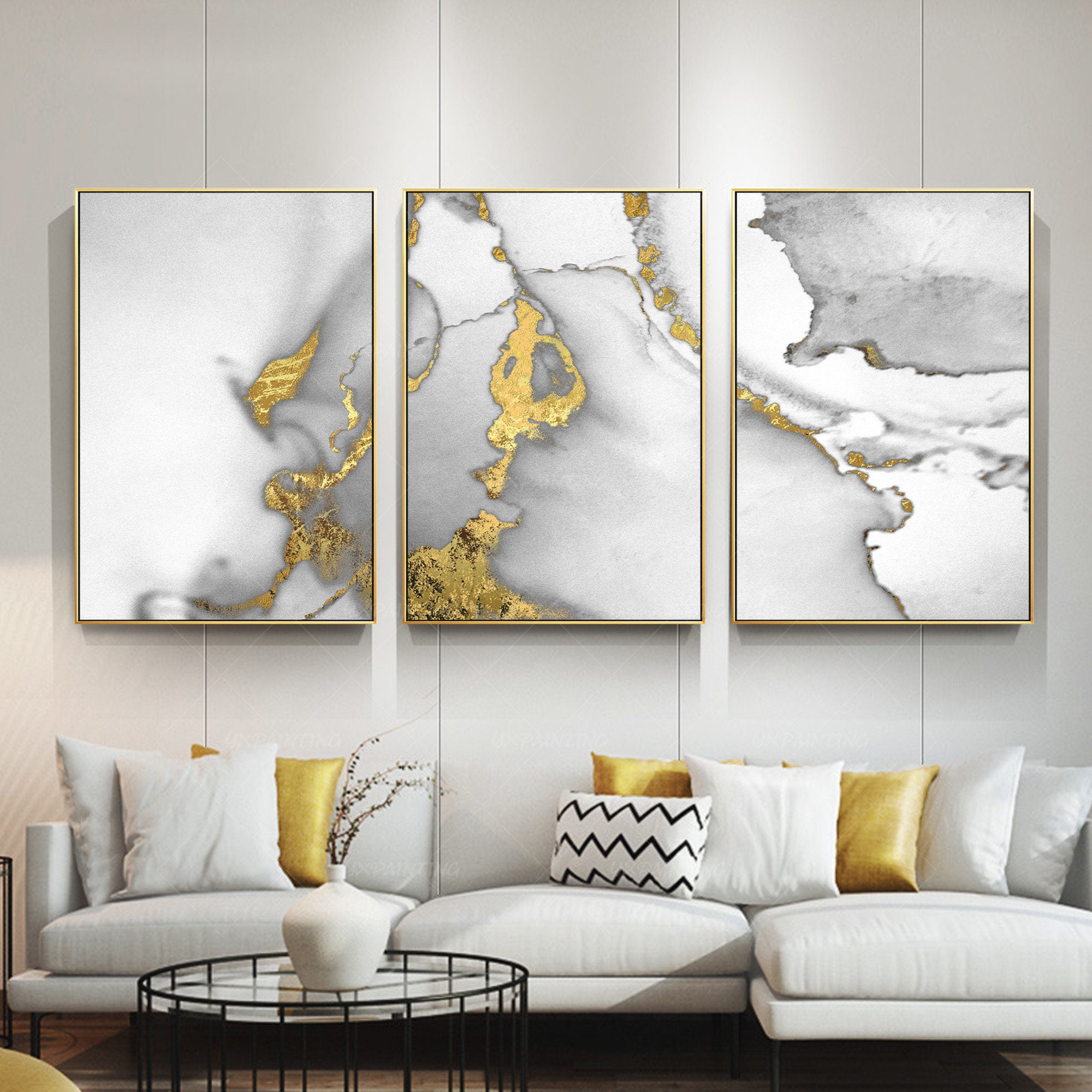 Framed painting Set of 3 wall art Gold art sea wave abstract | Etsy