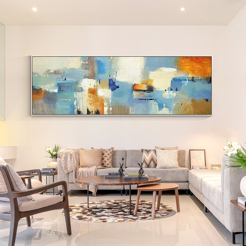 Blue Orange Colorful Geometric Painting on Canvas Long - Etsy