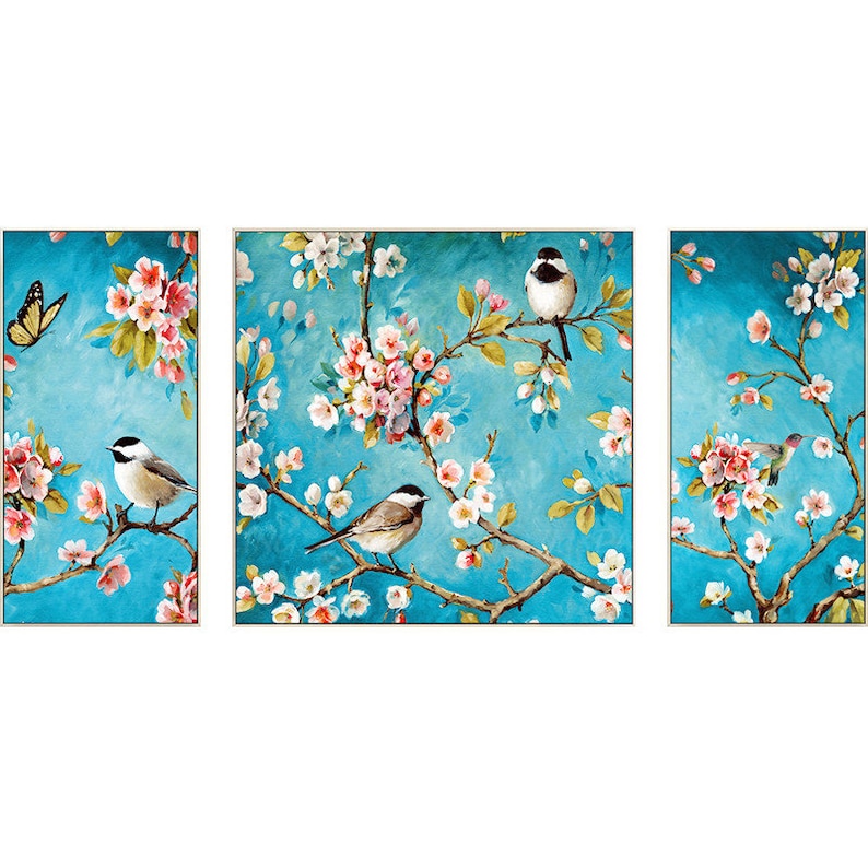 Framed Wall Art 3 Pieces Original Birds and Flower Landscape | Etsy