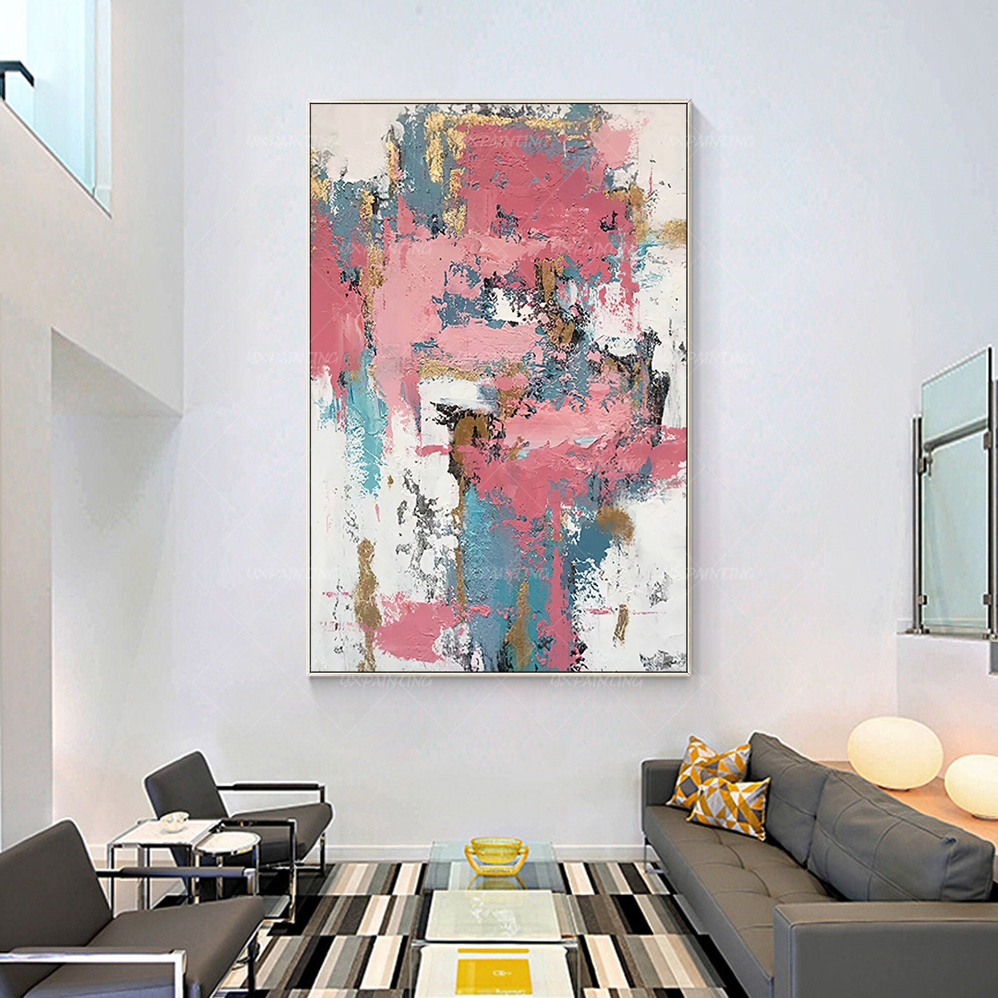 Large original oil painting modern art pink light blue wall | Etsy