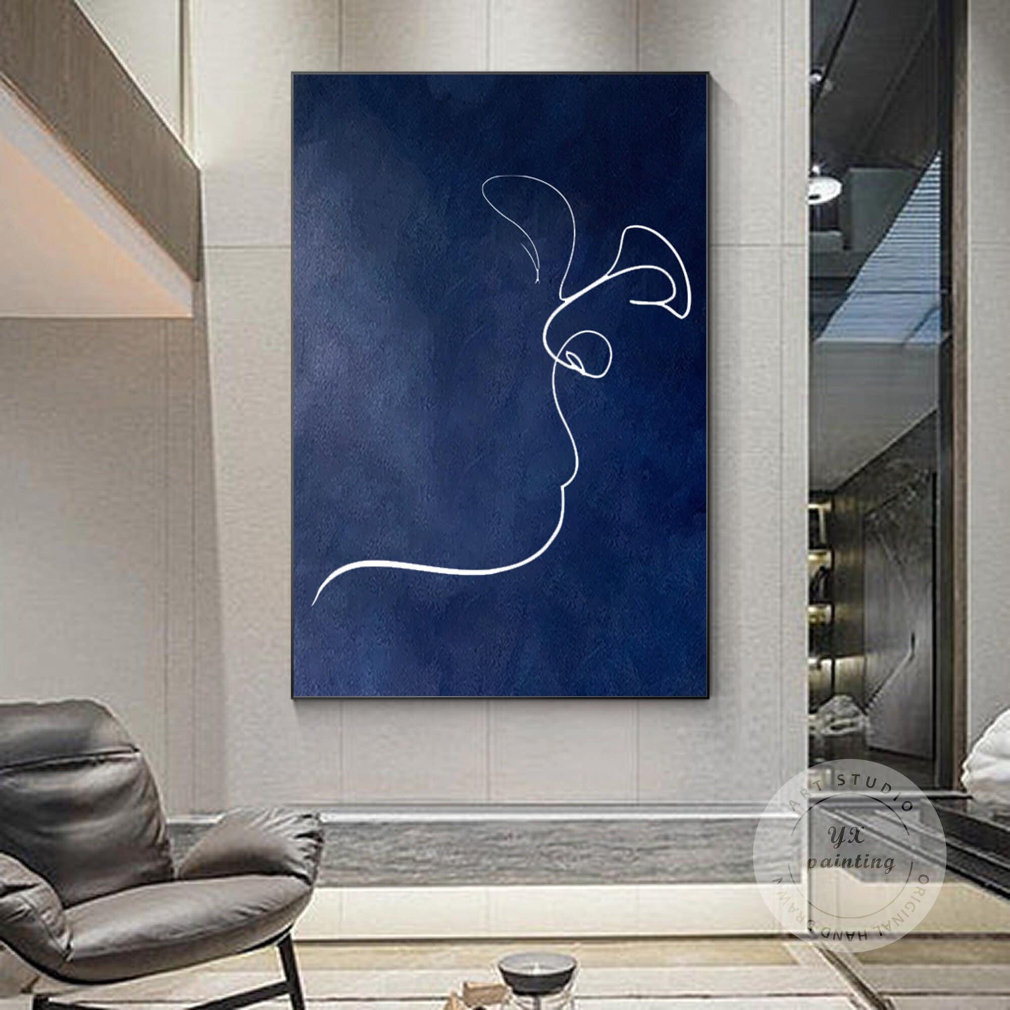 Navy Blue Kiss Line Drawing Original Painting on Canvas Extra - Etsy