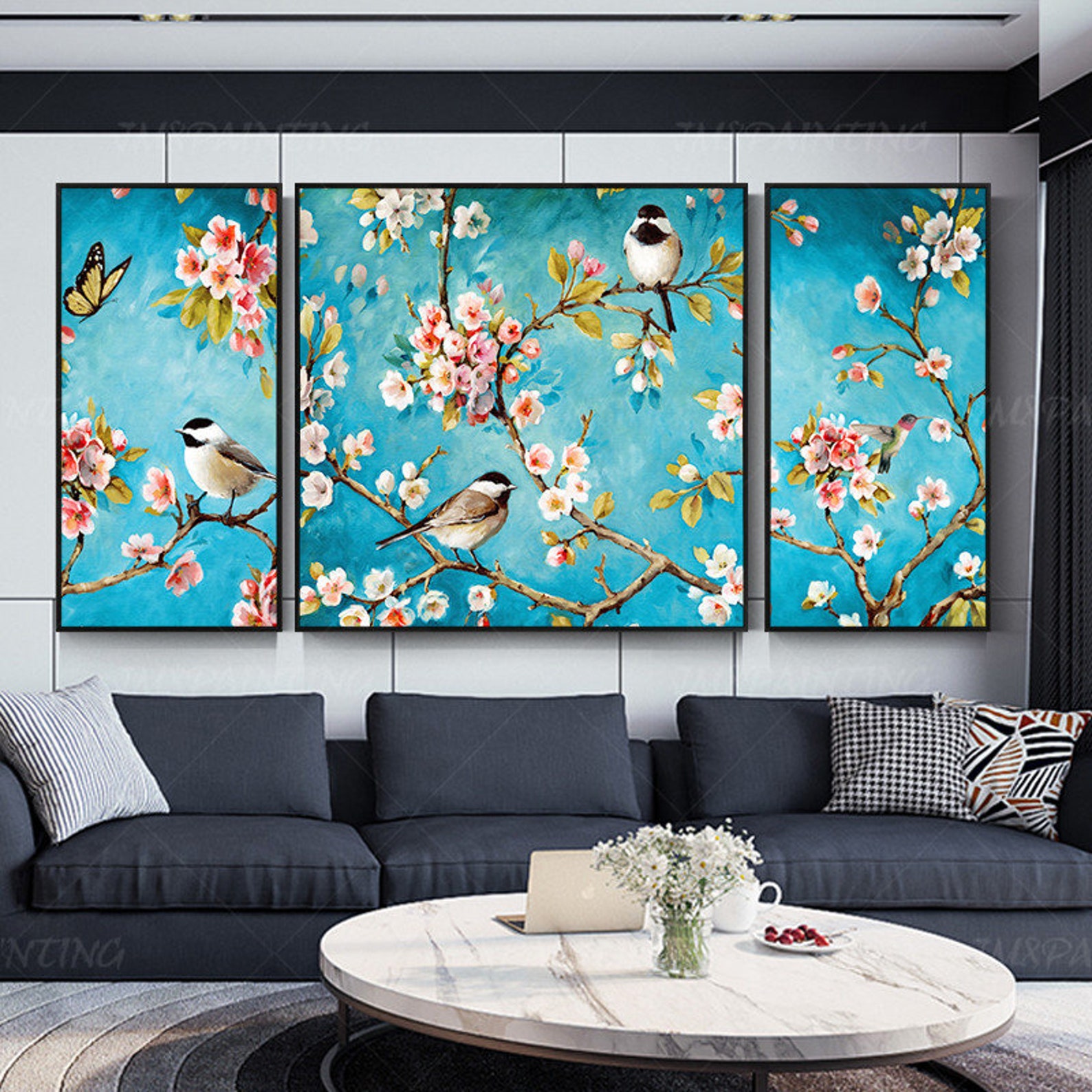 Framed Wall Art 3 Pieces Original Birds and Flower Landscape | Etsy