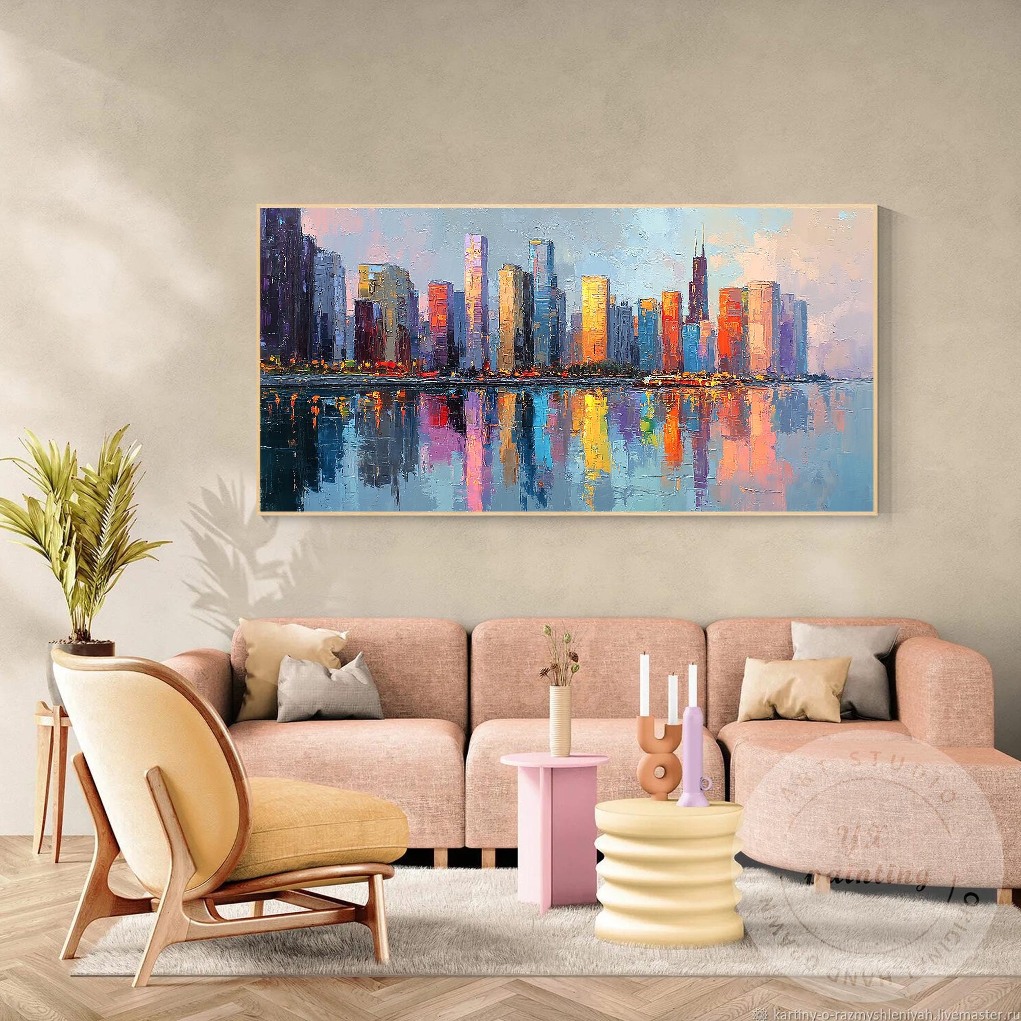 Vibrant Large Abstract Chicago Skyline Painting – Horizontal Colorful ...