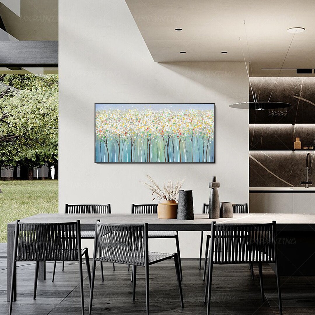 Framed Wall Art Flower Paintings on Canvas Original Art Teal - Etsy