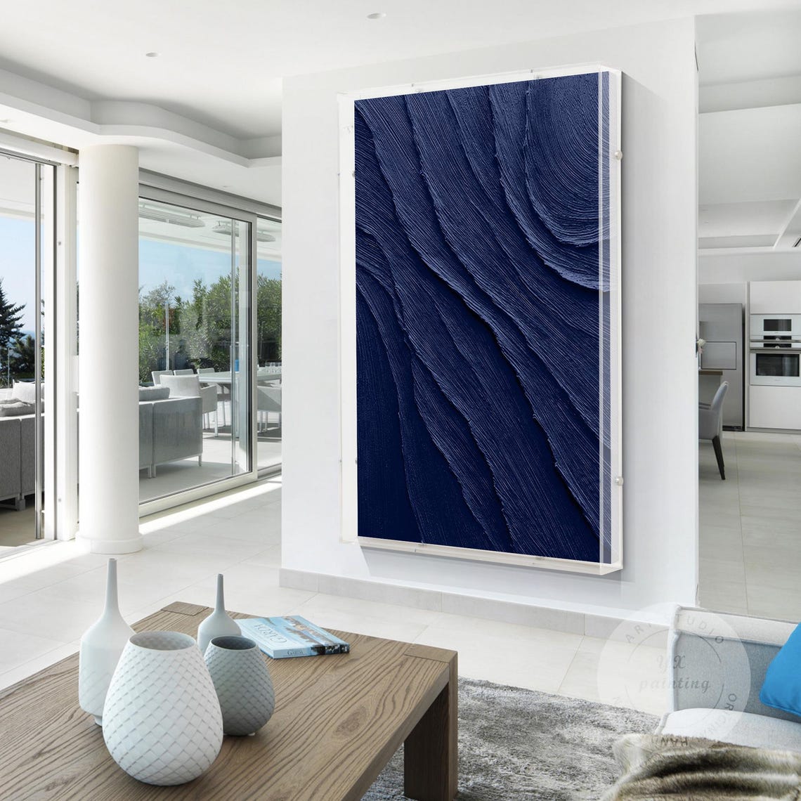 Navy Blue Art With a Acrylic Shadow Box Frame, Minimalist Painting on ...