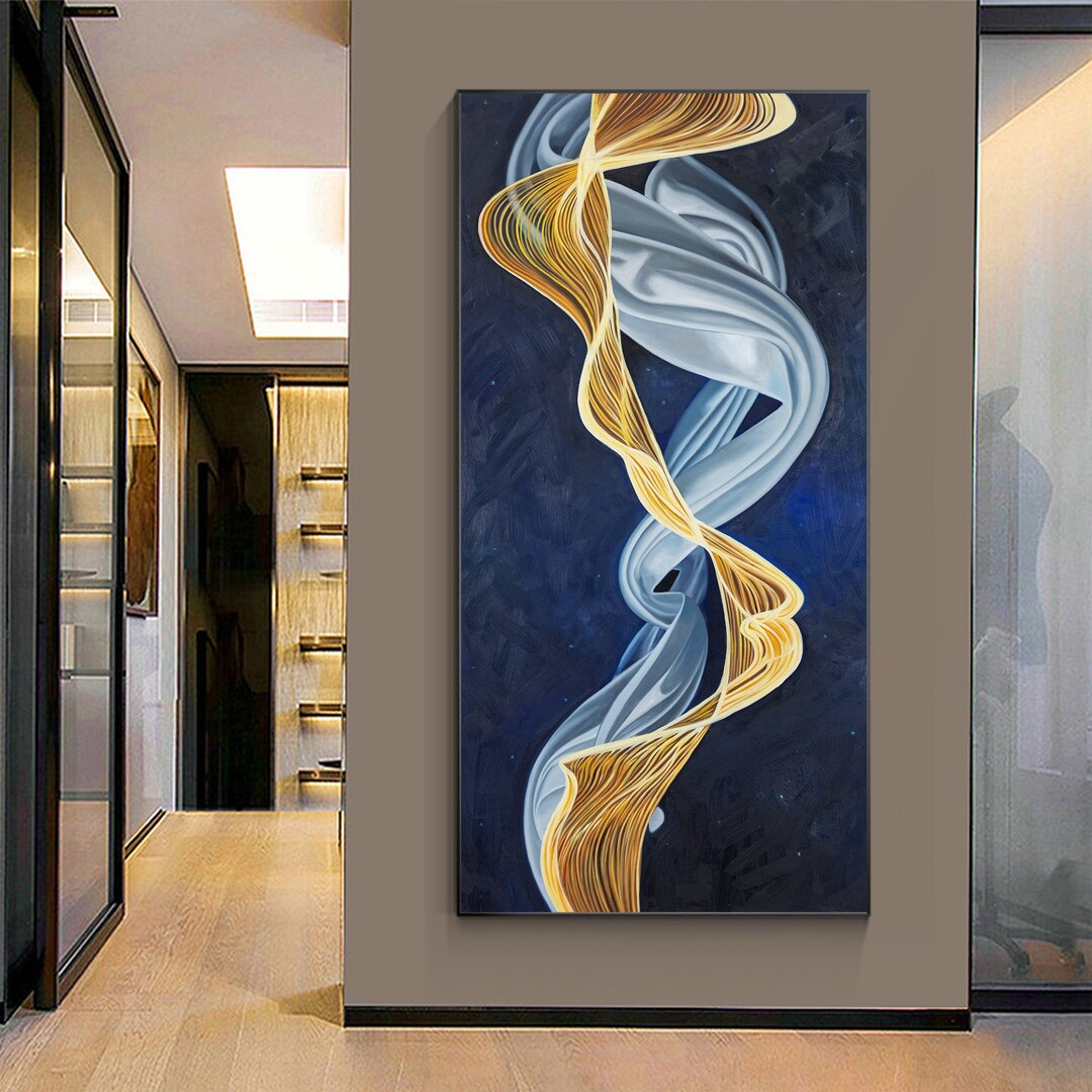 Blue Gold Abstract Ribbon Painting on Canvas, Ribbon Luxury Wall Art ...