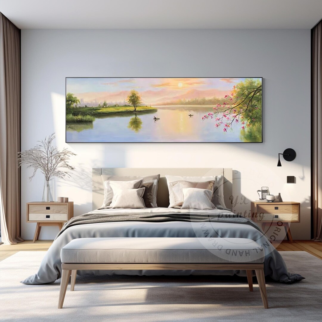 Original Forest River Sunrise Painting: Long Horizontal Canvas Wall Art ...