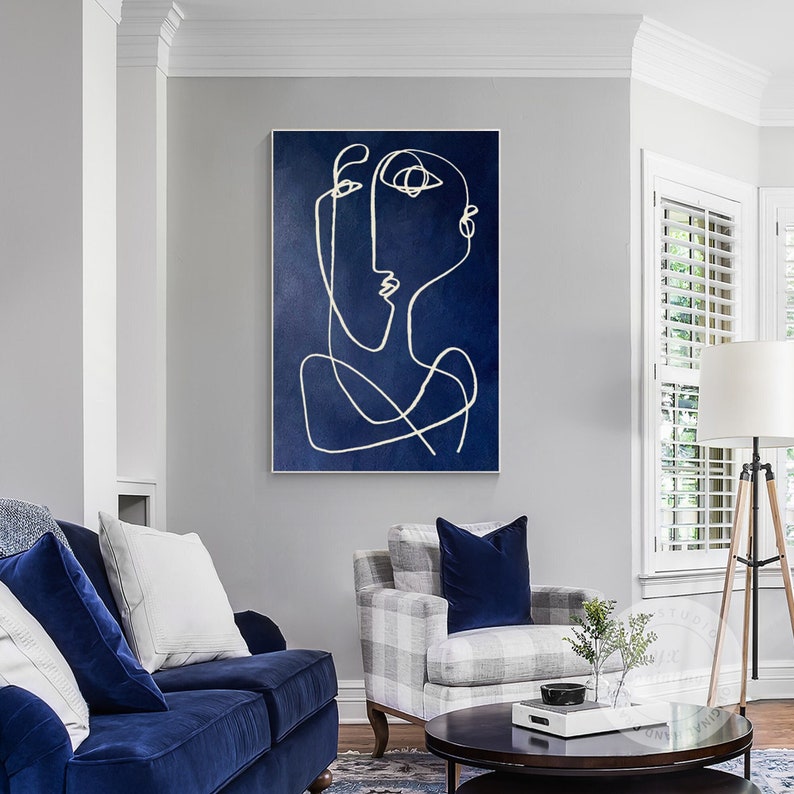 Picasso Style Navy Blue Line Art, Modern Textured Abstract Painting on ...
