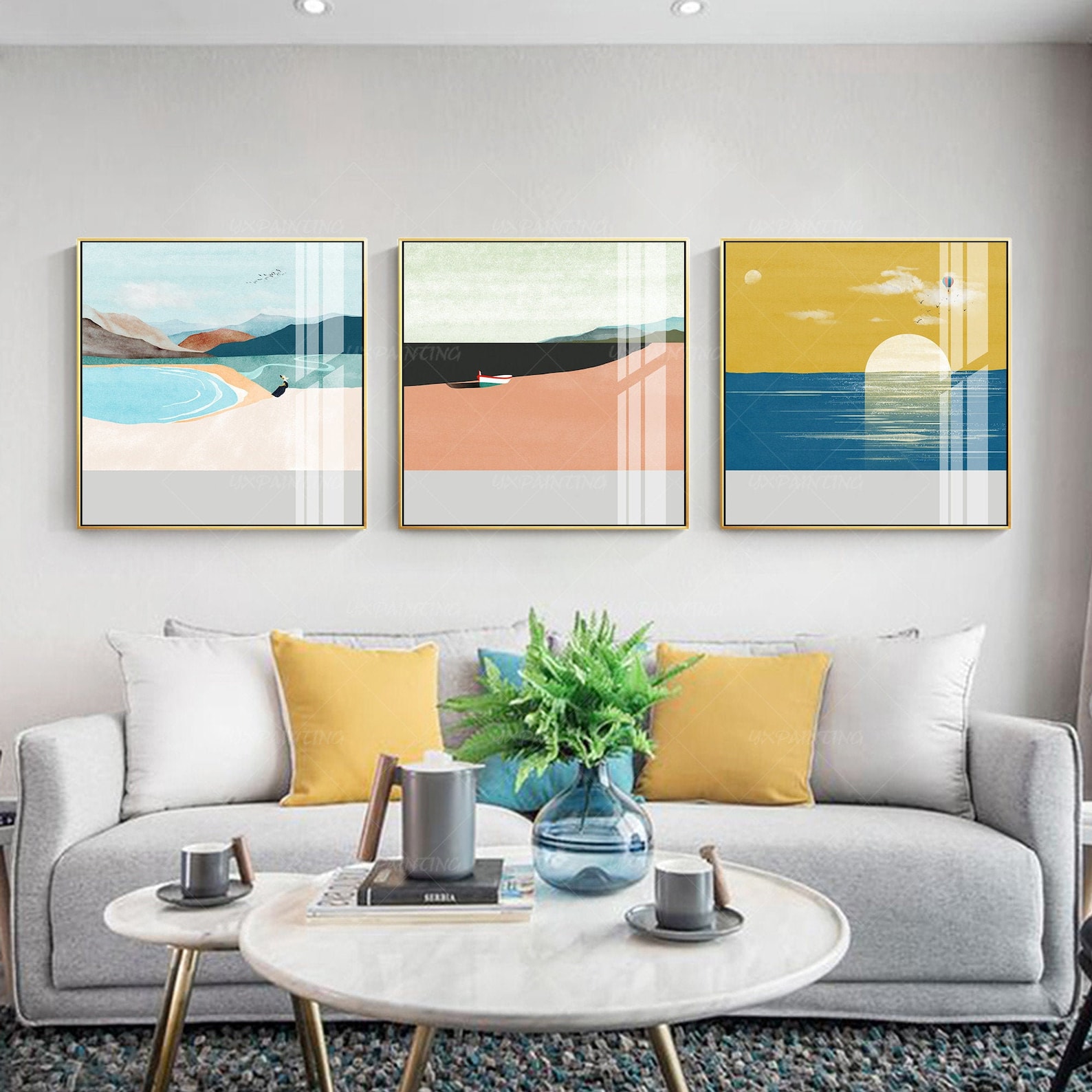 Framed Wall Art Set of 3 Prints Coral Pink Sea Navy Blue - Etsy