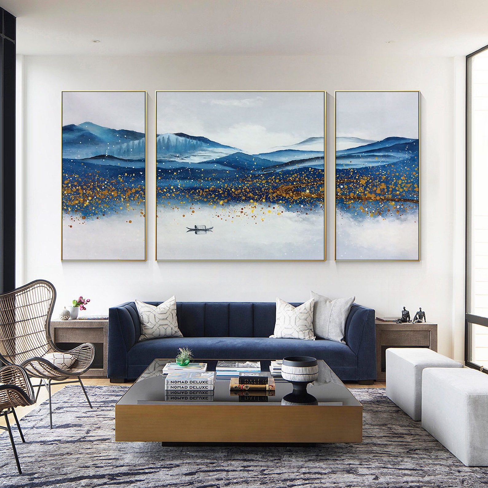 Blue Gold 3 Pieces Mounatin Original Watercolor Painting, Set of 3 ...