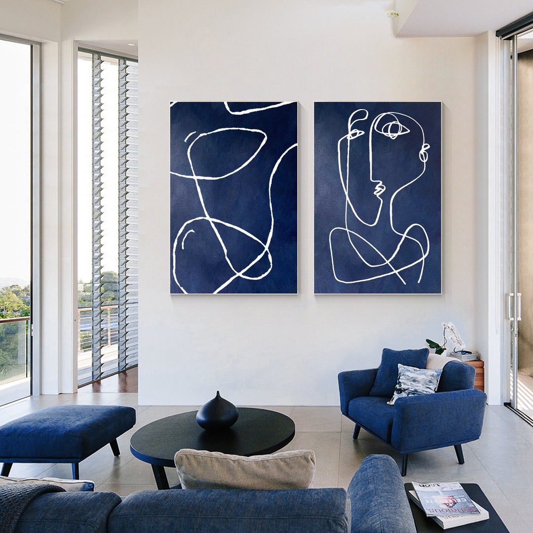 Navy Blue White Abstract Line Drawing Original Painting 2 - Etsy