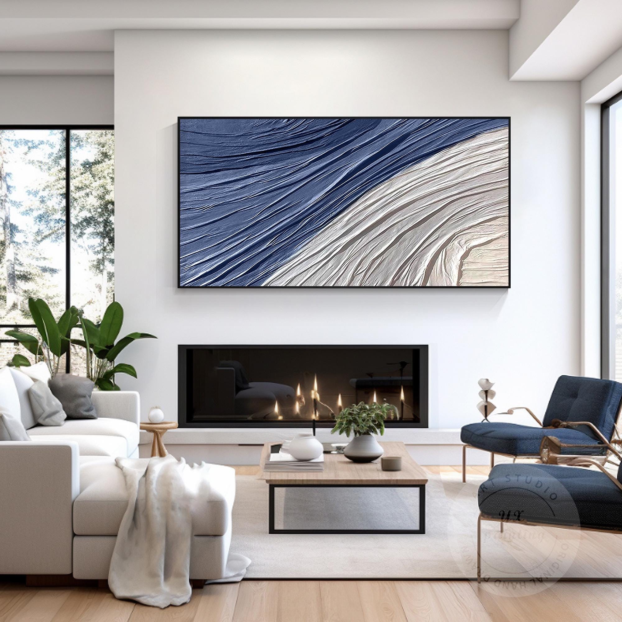 Navy Blue Wall Art,3d Texture Plaster Wall Art Blue, Minimalist ...