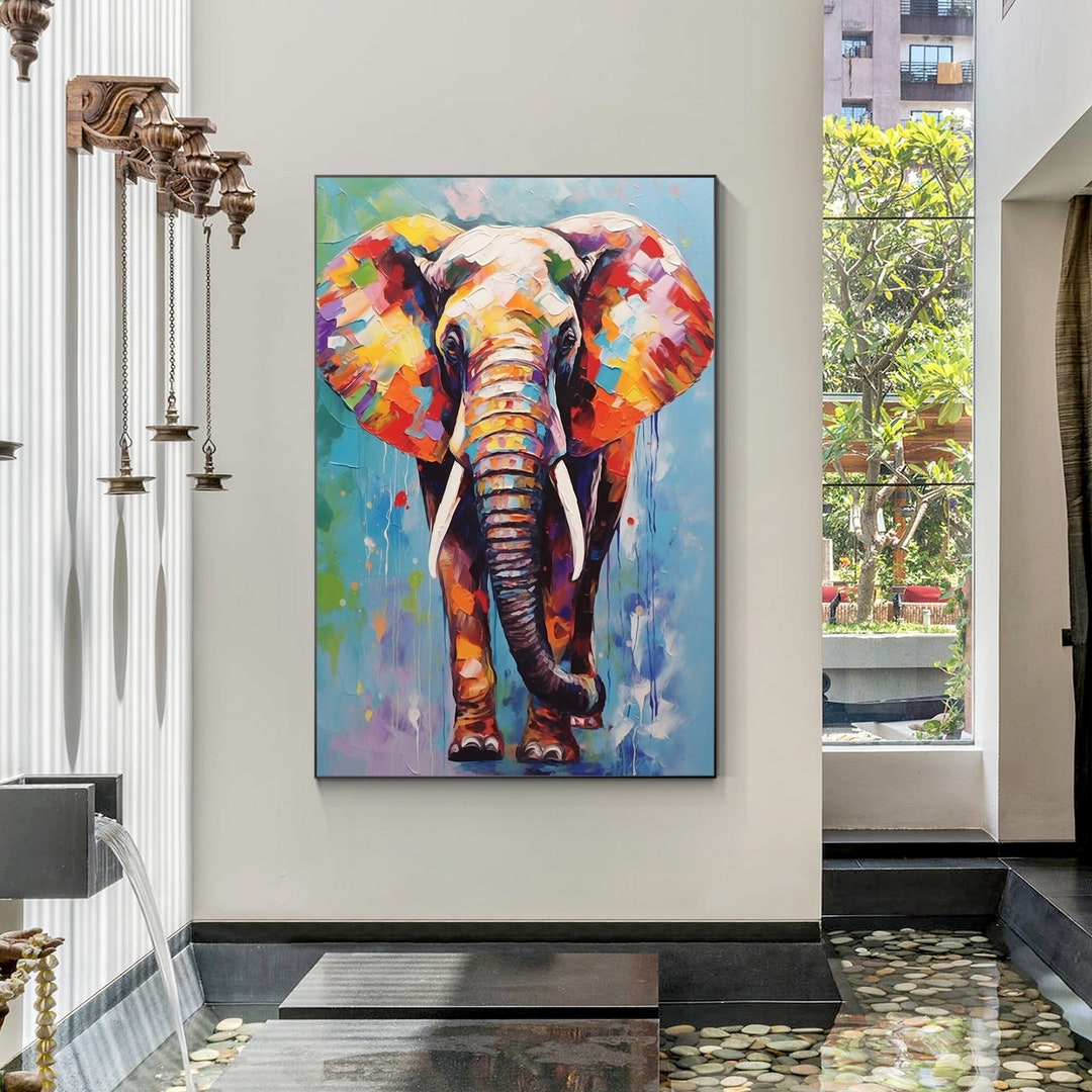 Original Elephant Painting on Canvas, Palette Knife Art Colorful ...