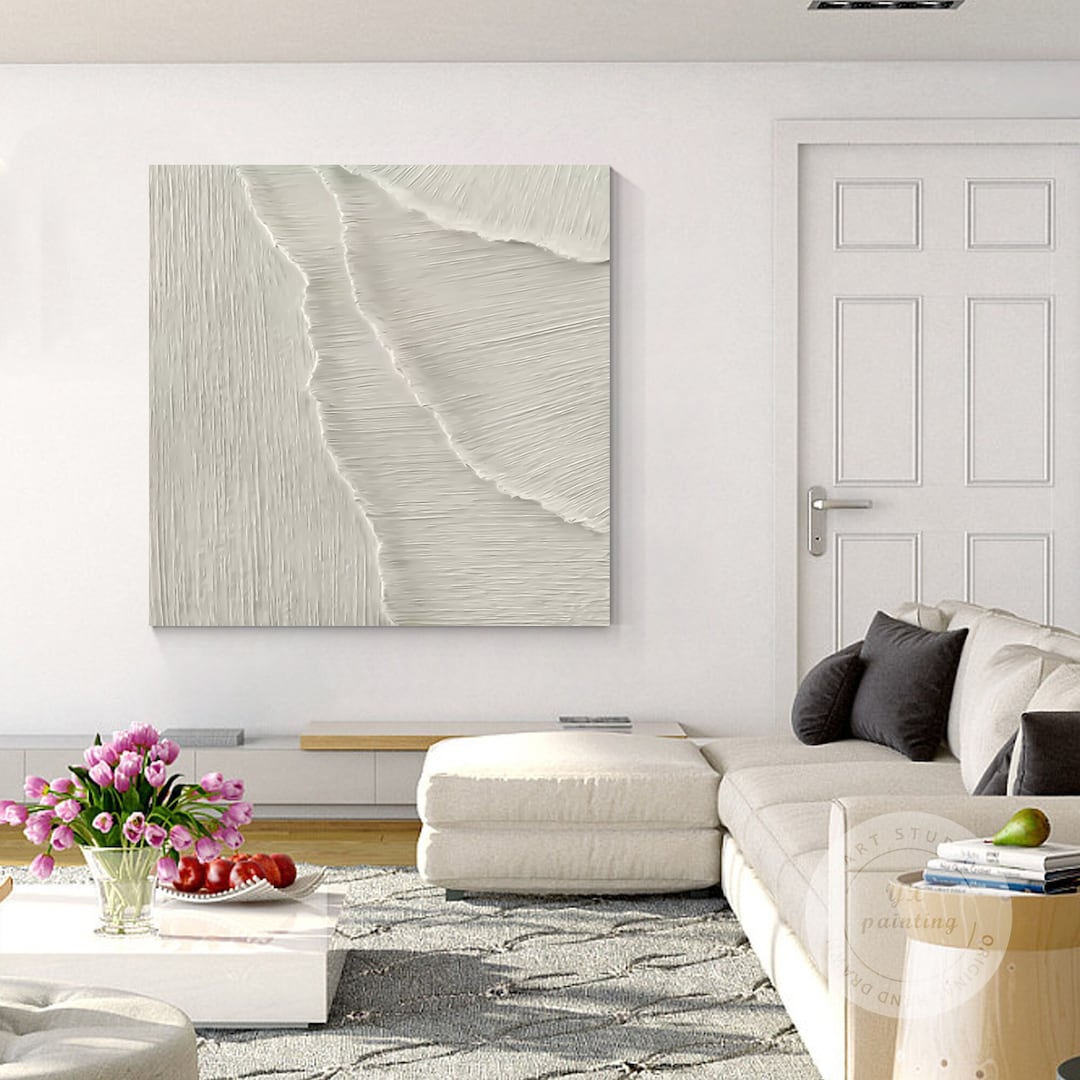 White Heavy Texture Painting 3D Minimalist White Painting Square Framed ...
