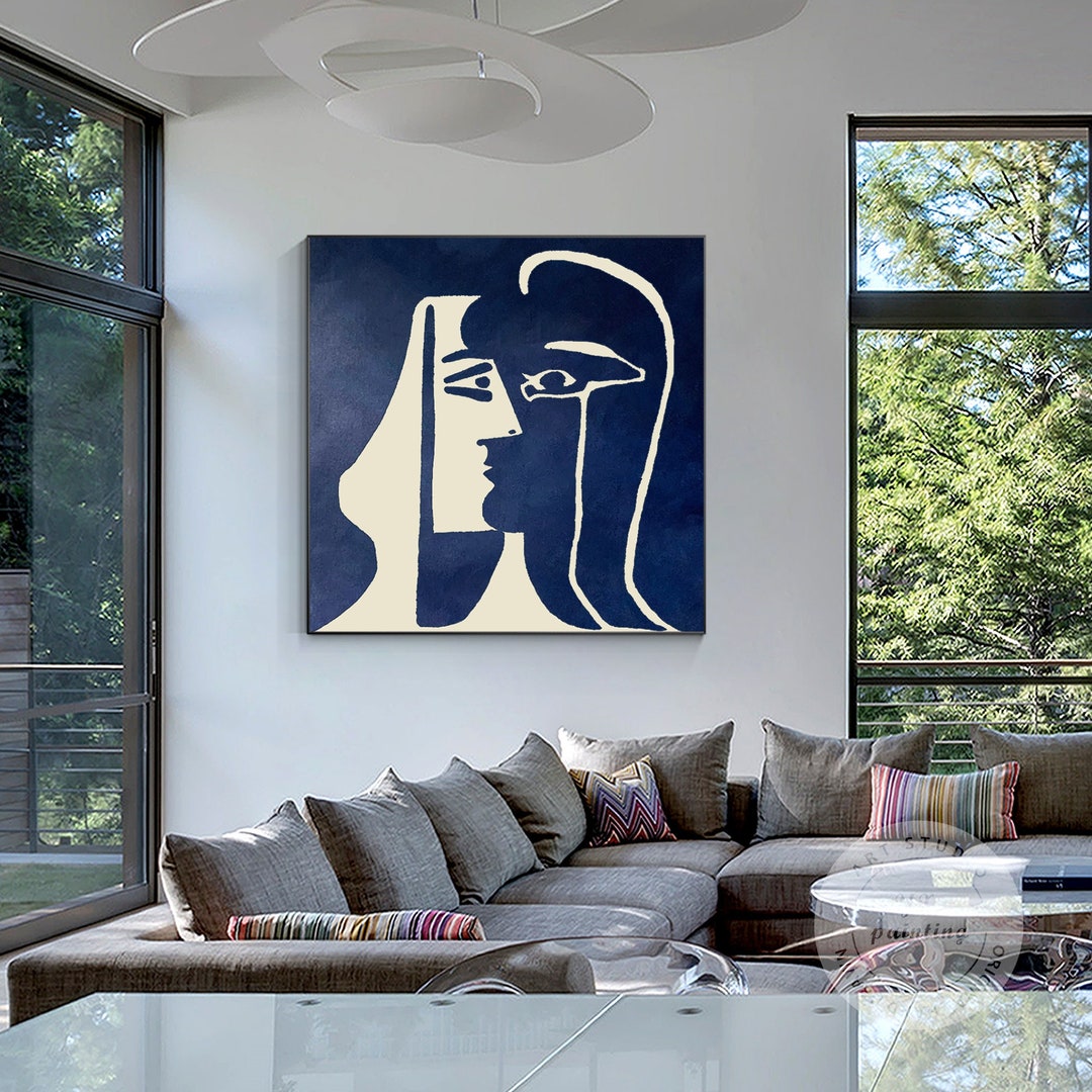 Navy Blue Beige Abstract Couple Kiss Painting on Canvas, Square Navy ...