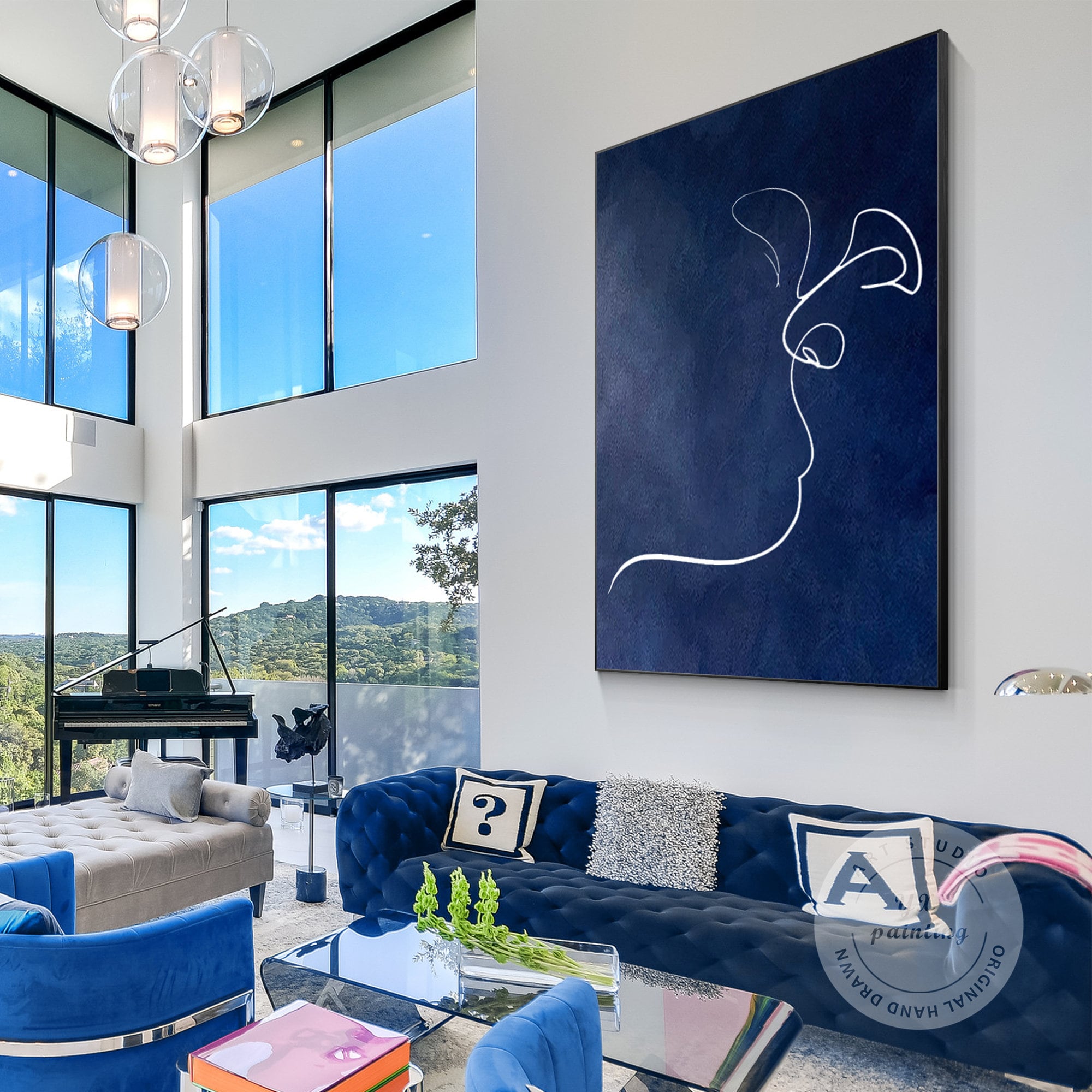 Navy Blue Kiss Line Drawing Original Painting on Canvas Extra - Etsy