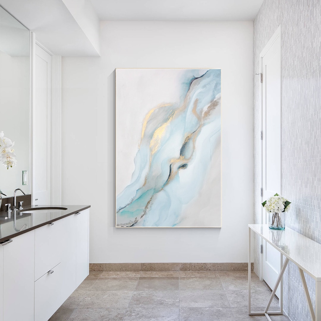 Pale Blue Abstract Painting – Extra Large Framed Canvas Art, Original ...
