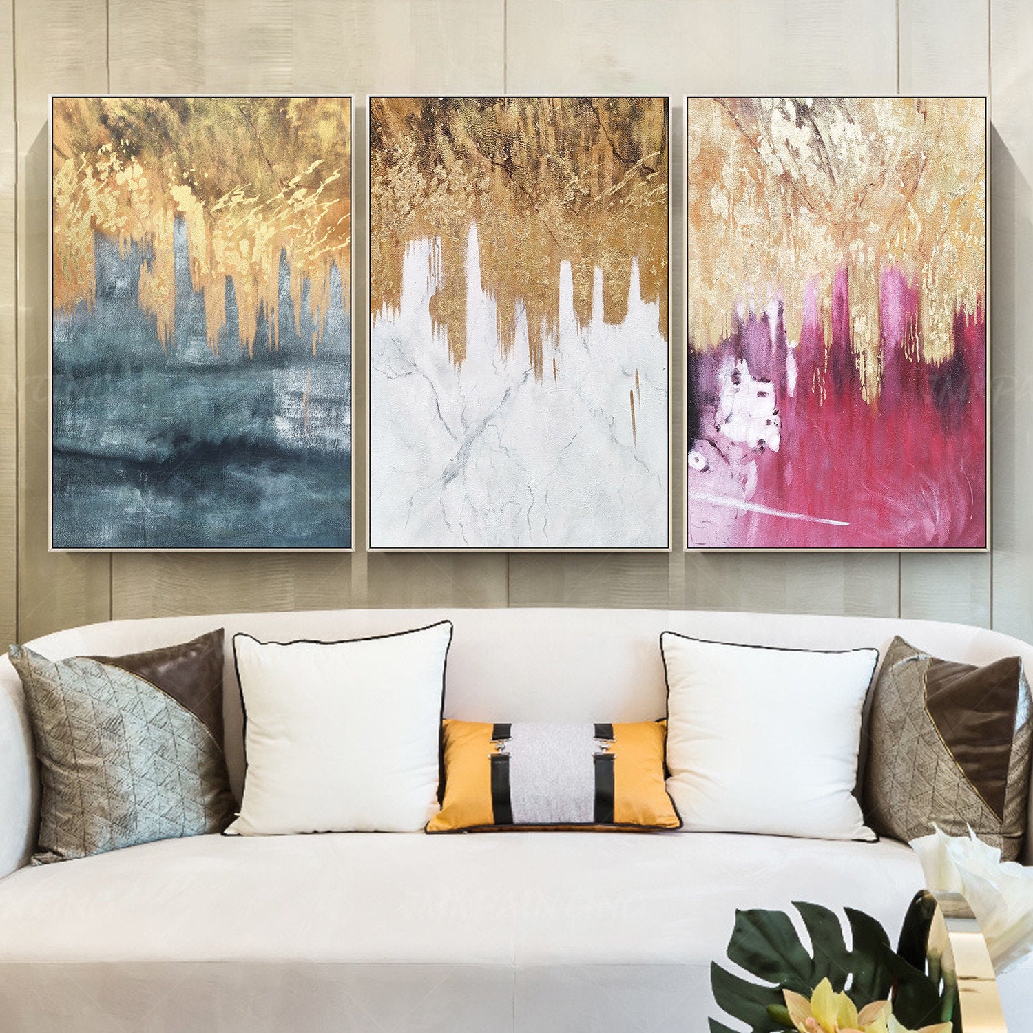 3 pieces Original Abstract gold leaf waterfall Acrylic | Etsy