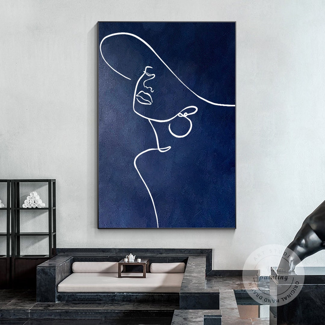 Navy Blue Woman Line Drawing Original Painting on Canvas, Extra Large ...