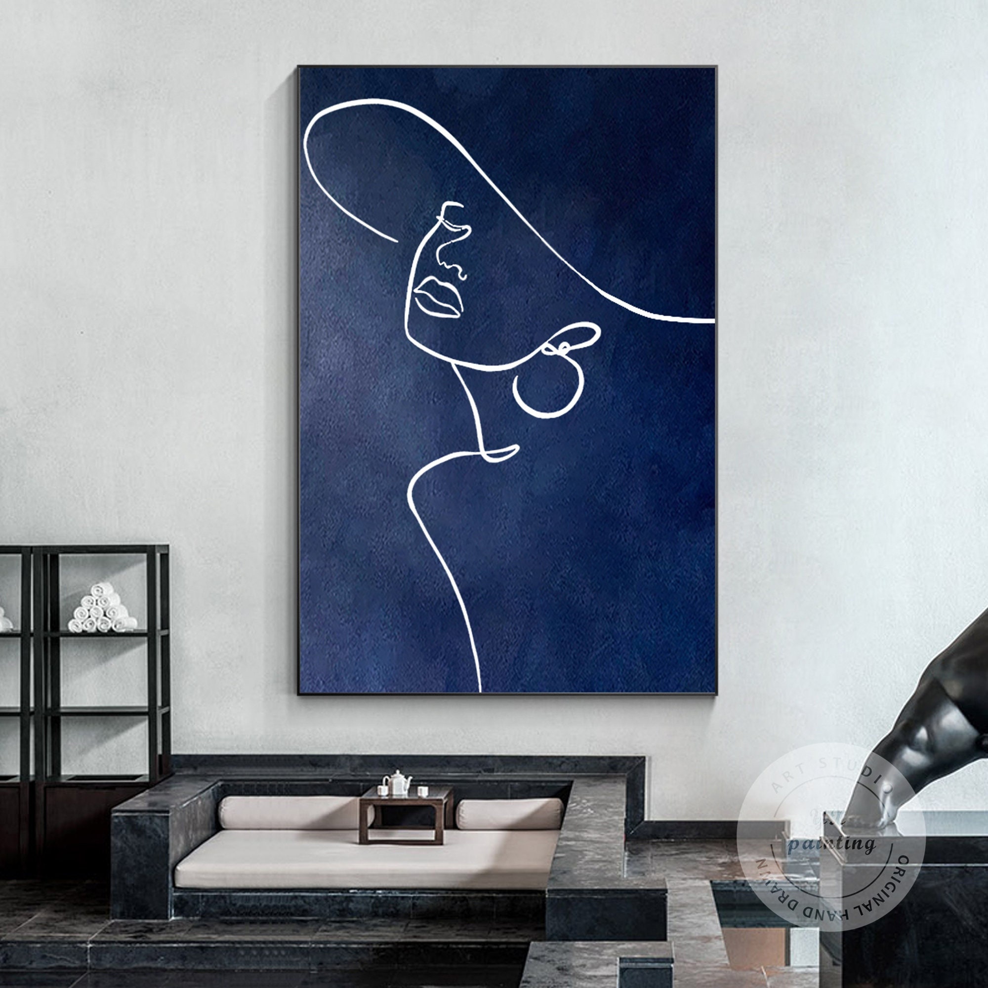 Navy Blue Woman Line Drawing Original Painting on Canvas - Etsy