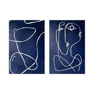 Navy Blue White Abstract Line Drawing, Original Painting 2 Pieces ...
