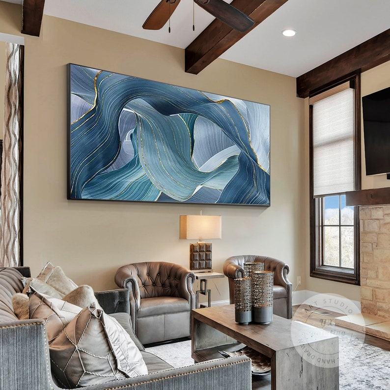 Teal Gold Ribbon Wall Art Original Ribbon Painting on Canvas - Etsy