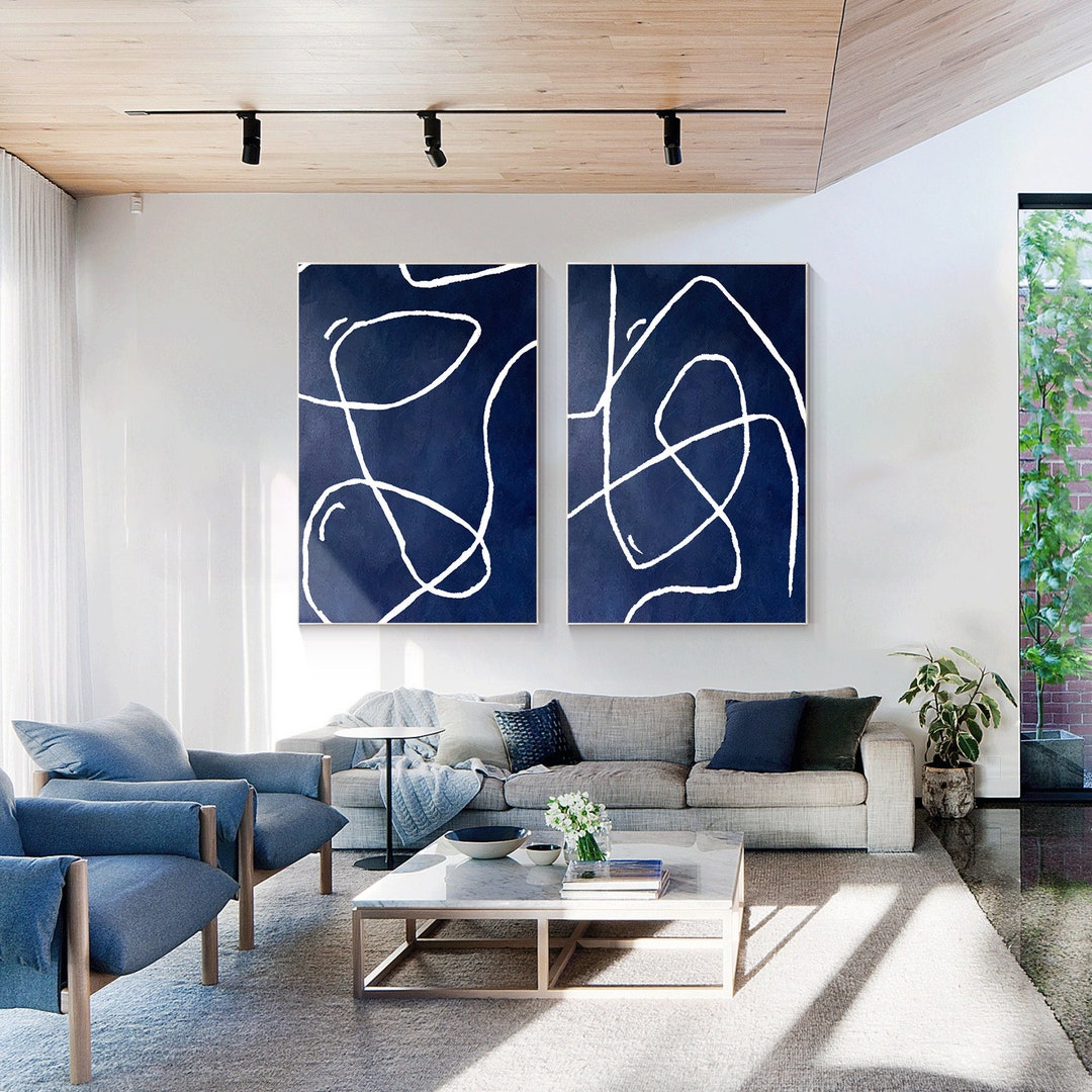 Navy Blue Abstract Line Art Set: Modern Framed Canvas Painting - Etsy