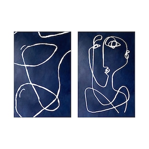 Navy Blue White Abstract Line Drawing, Original Painting 2 Pieces ...