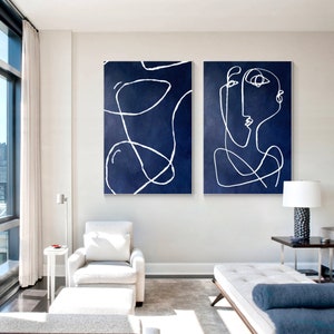Navy Blue White Abstract Line Drawing, Original Painting 2 Pieces ...