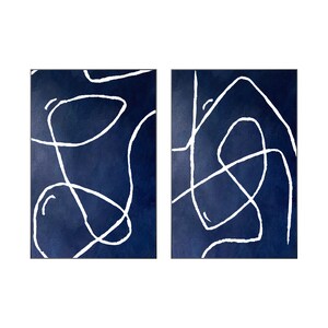 Navy Blue Abstract Line Art Set: Modern Framed Canvas Painting - Etsy