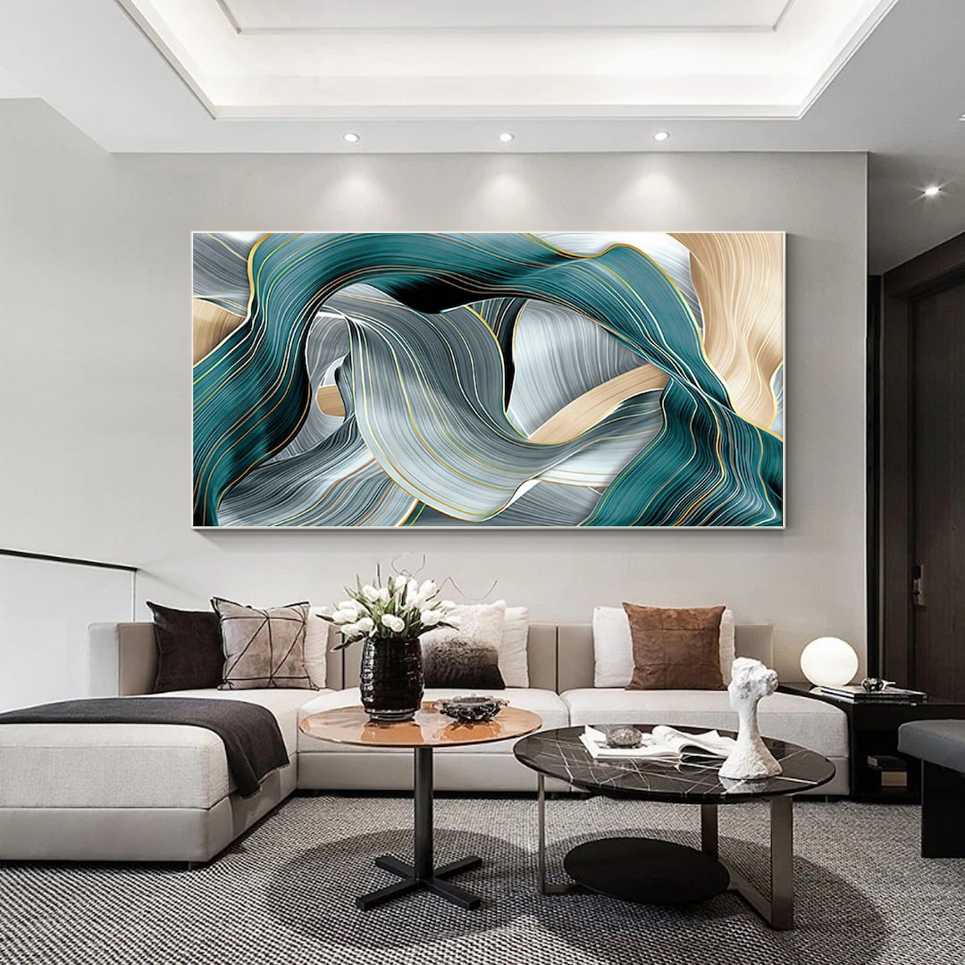 Teal Gold Turquoise Framed Wall Art,original Painting on Canvas,luxury ...