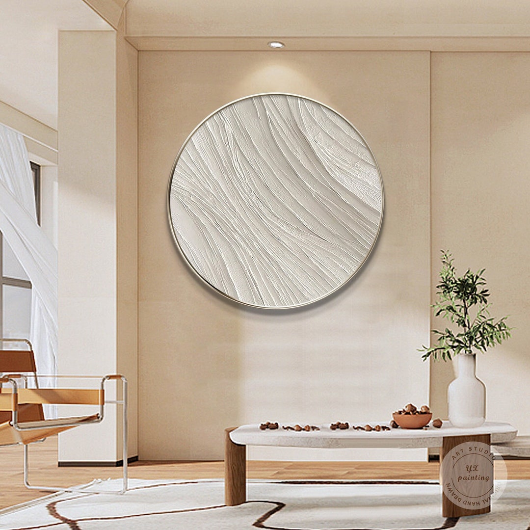 Round 3D White Texture Wall Art Framed, Minimalist Painting on Canvas ...