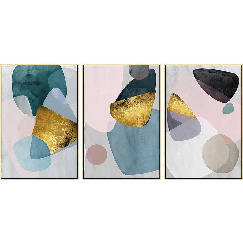 Geometric art 3 pieces Gold art Abstract gold leaf Acrylic | Etsy