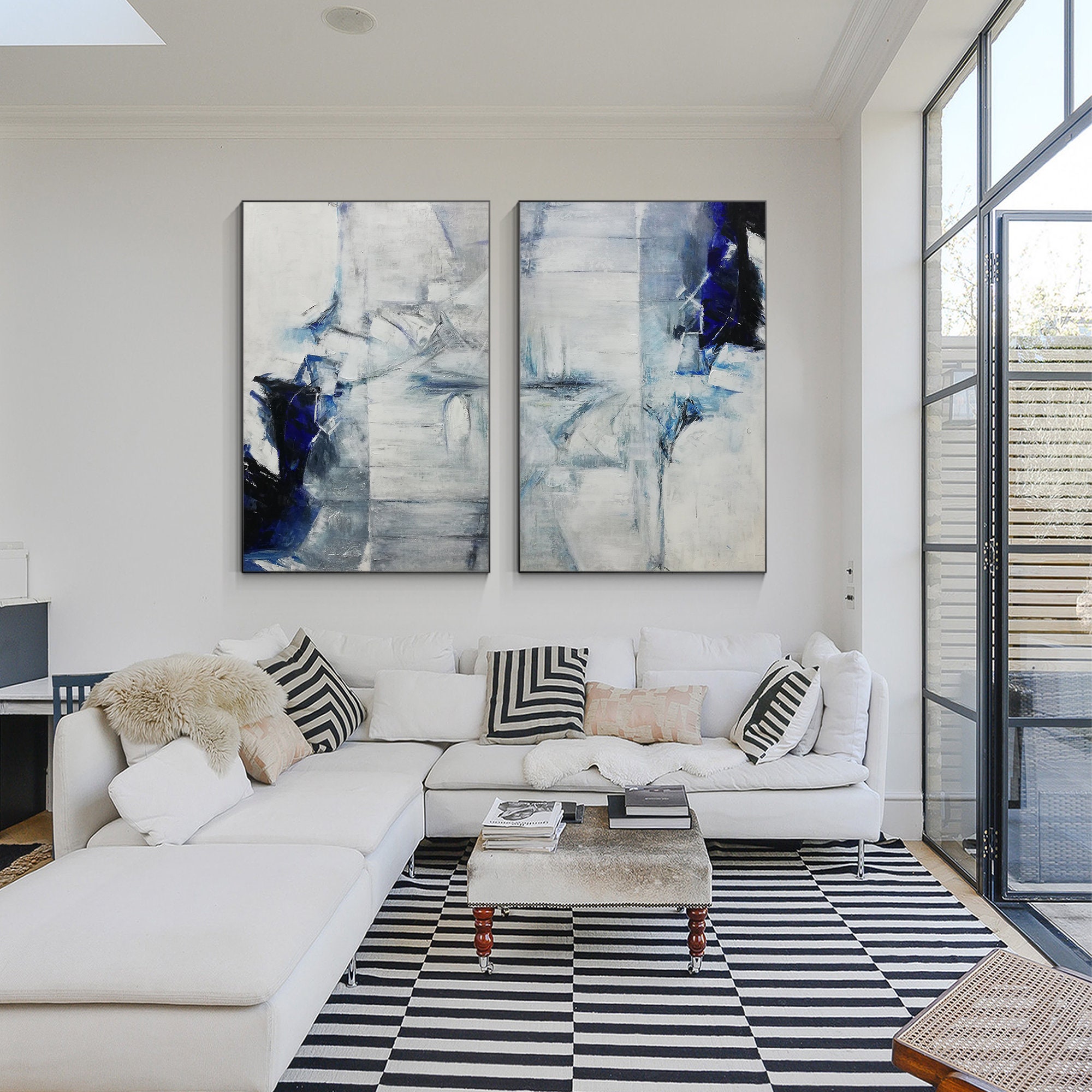 Diptych Wall Art Navy Blue Abstract Painting on Canvas, Vertical Wall ...