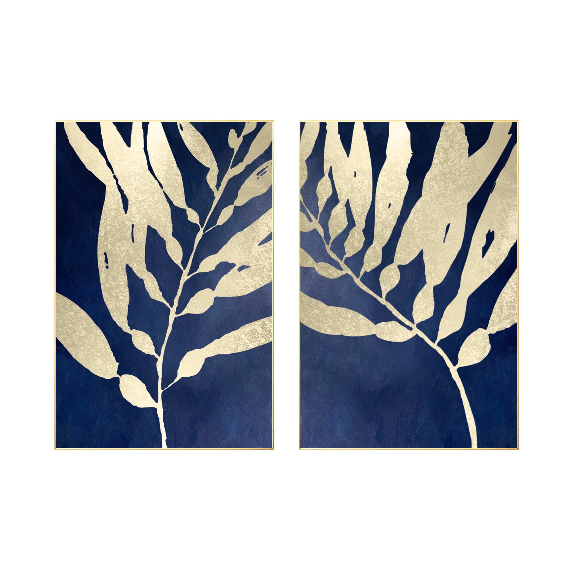 Navy Blue Gold Leaf Original Tropical Painting 2 Pieces Painting on ...