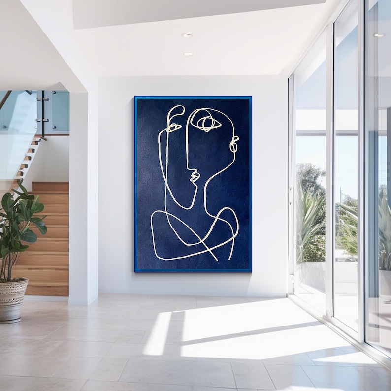 Modern Picasso Style Wall Art, Navy Blue Line Abstract Painting ...