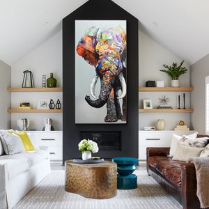 Elephant Painting on Canvas, Elephant Wall Art, Long Vertical Extra ...