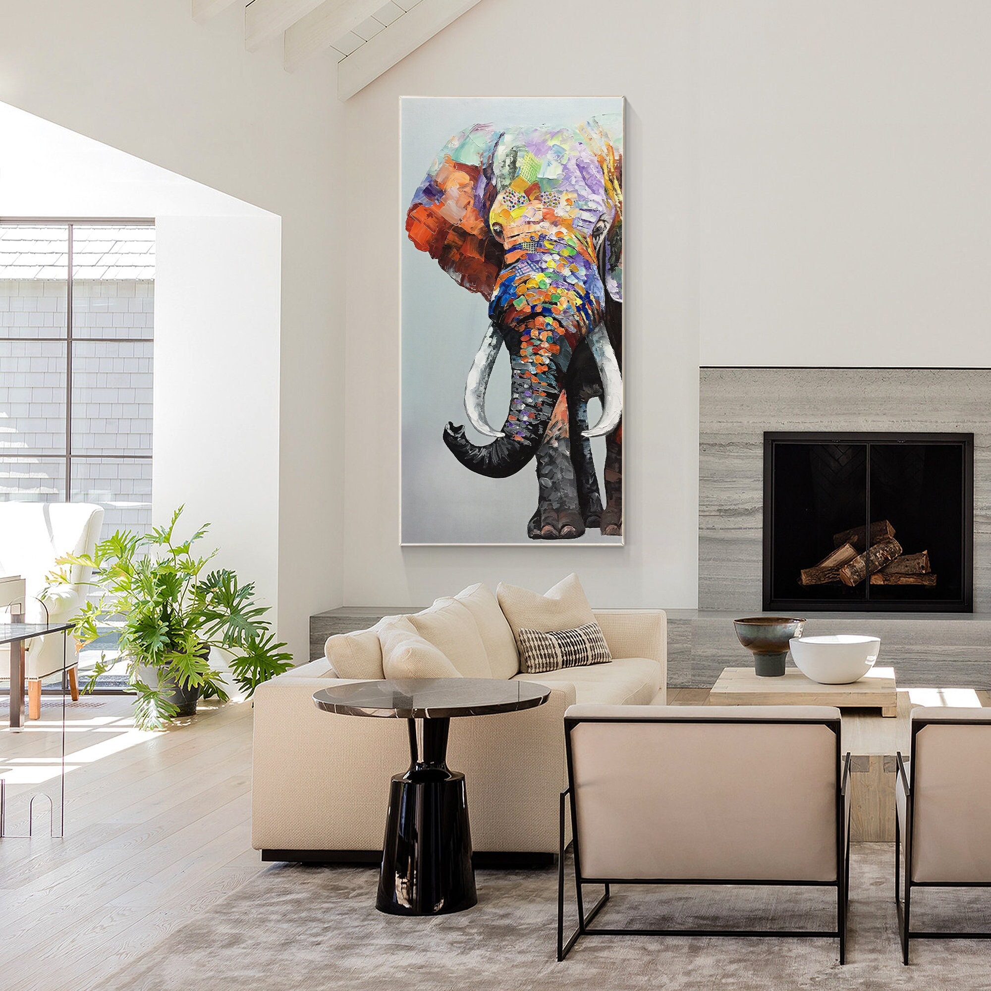 Elephant Painting on Canvas, Elephant Wall Art, Long Vertical Extra ...