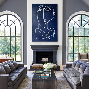Picasso Style Navy Blue Line Art, Modern Textured Abstract Painting on ...