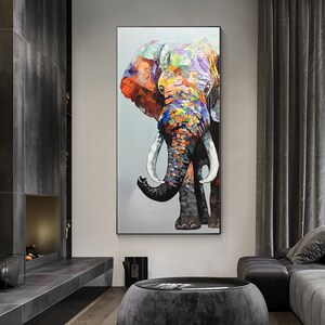 Elephant Painting on Canvas, Elephant Wall Art, Long Vertical Extra ...