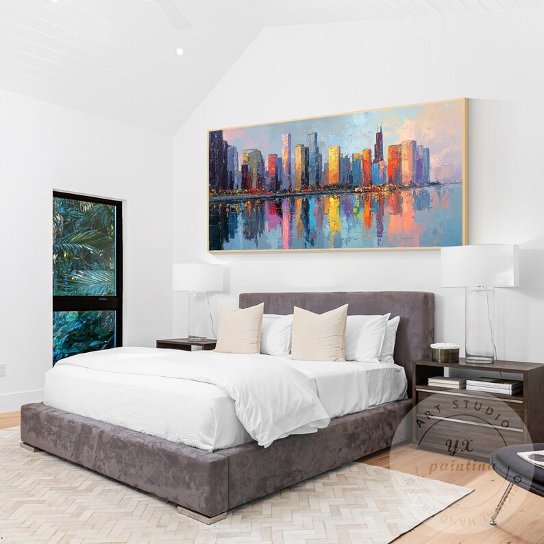 Vibrant Large Abstract Chicago Skyline Painting – Horizontal Colorful ...