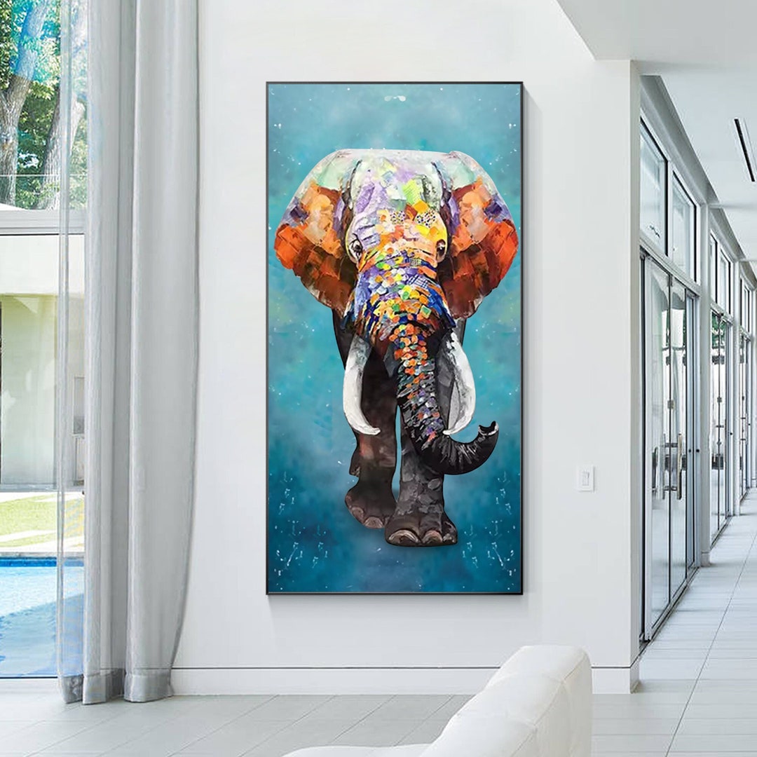 Original Elephant Painting on Canvas, POP Art Elephant Vertical Extra ...
