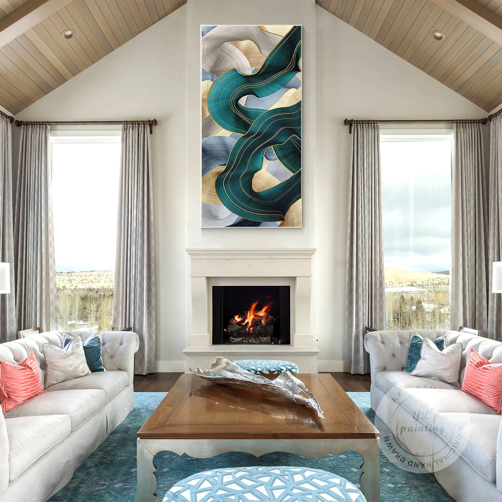 Turquoise Beige Ribbon Original Painting on Canvas Ribbon - Etsy