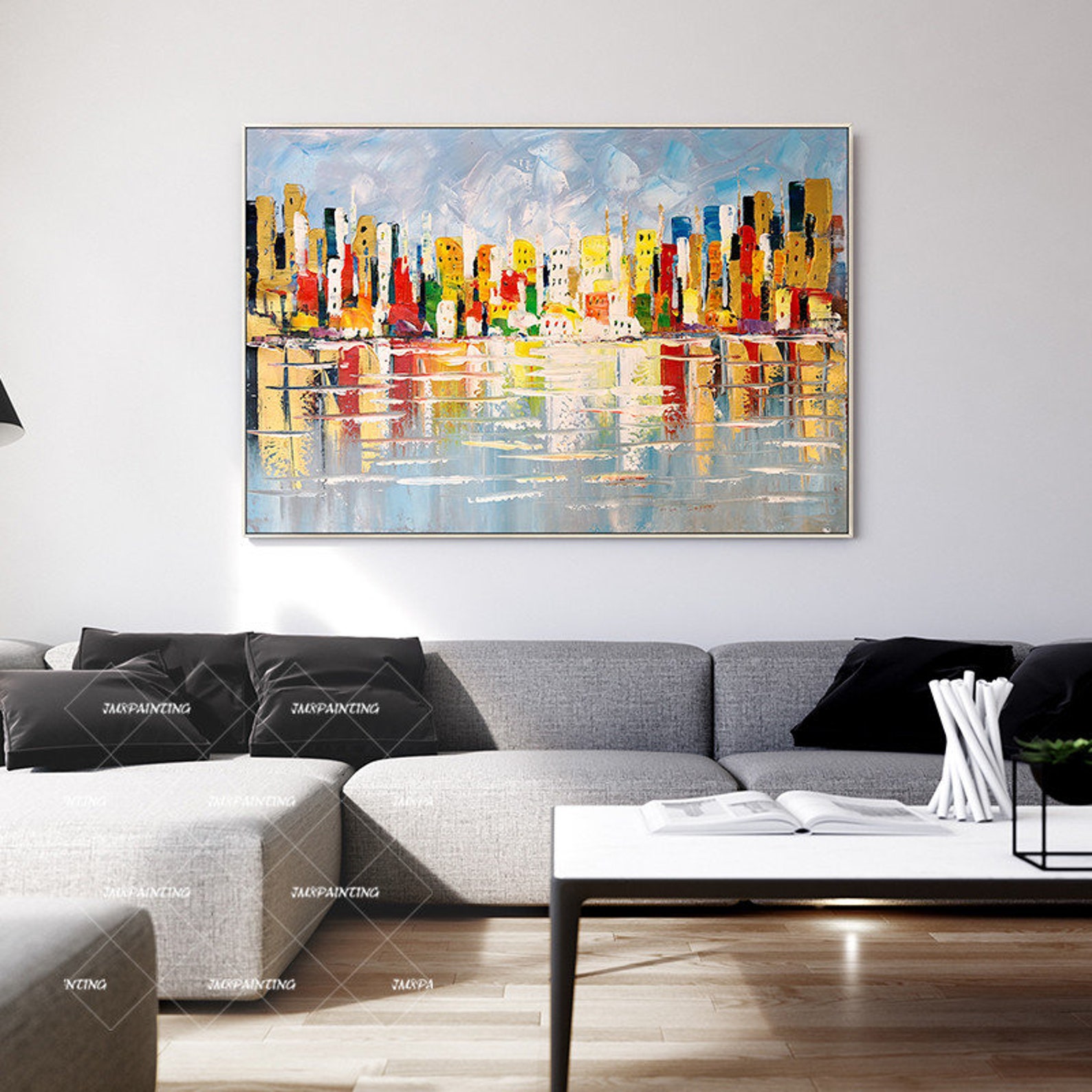 Original Cityscape by the Sea Acrylic Painting Abstract on - Etsy